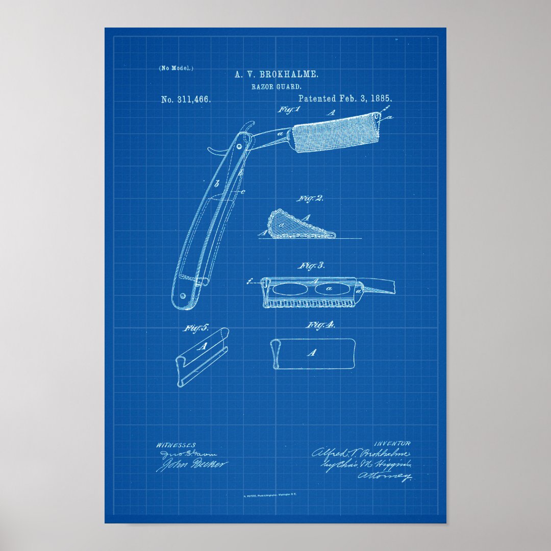1885 Barber Razor Blueprint Patent Artwork Poster | Zazzle