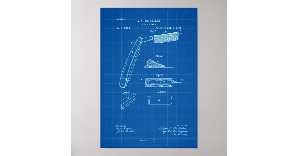 1885 Barber Razor Blueprint Patent Artwork Poster | Zazzle