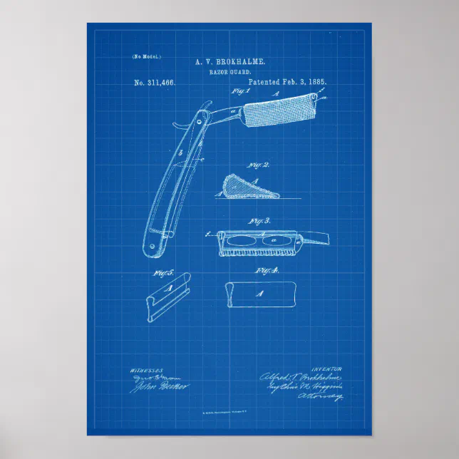 1885 Barber Razor Blueprint Patent Artwork Poster | Zazzle