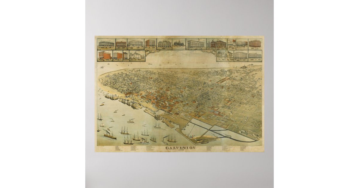 1885 Galveston, TX Birds Eye View Panoramic Map Poster | Zazzle