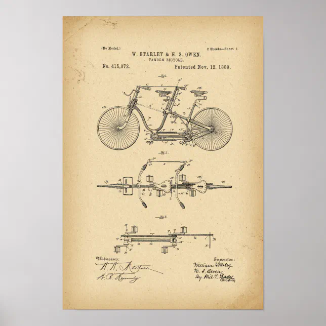 1889 Patent tandem Bicycle Poster | Zazzle