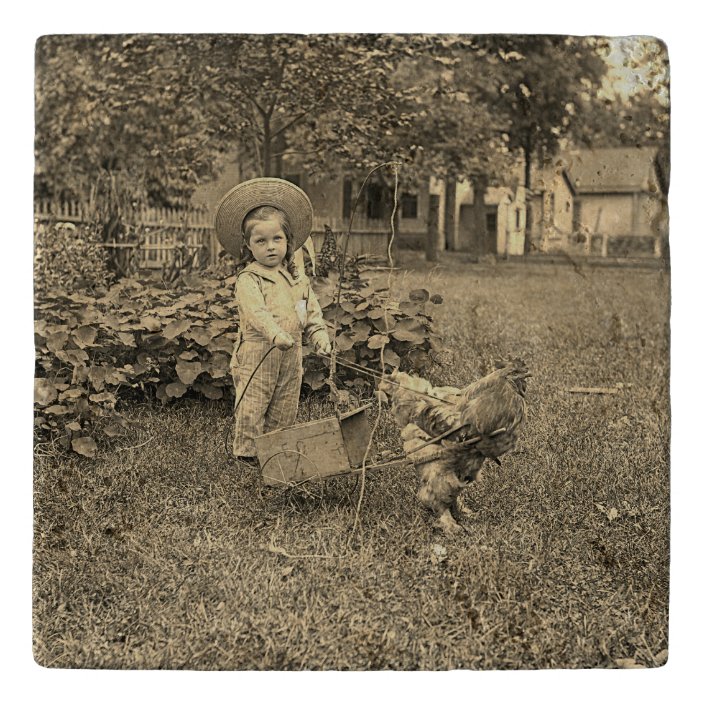 1890's Garden LIttle Girl With Rooster Cart Photo Trivet | Zazzle.com