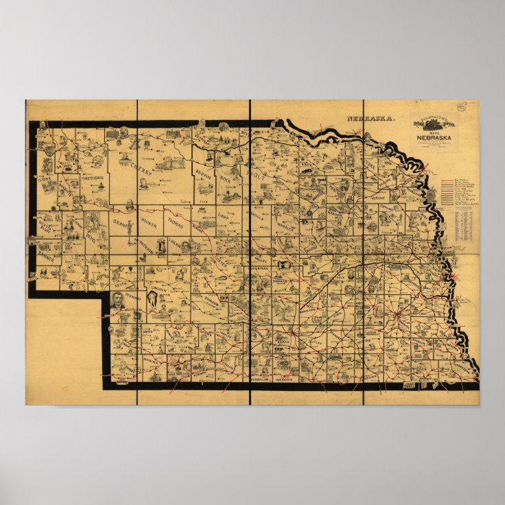 1897 Antique Railroad Map of Nebraska Poster | Zazzle