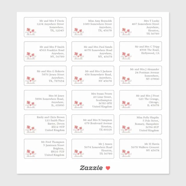 18 Individual Wedding Guest Name Addresses Florals Sticker | Zazzle