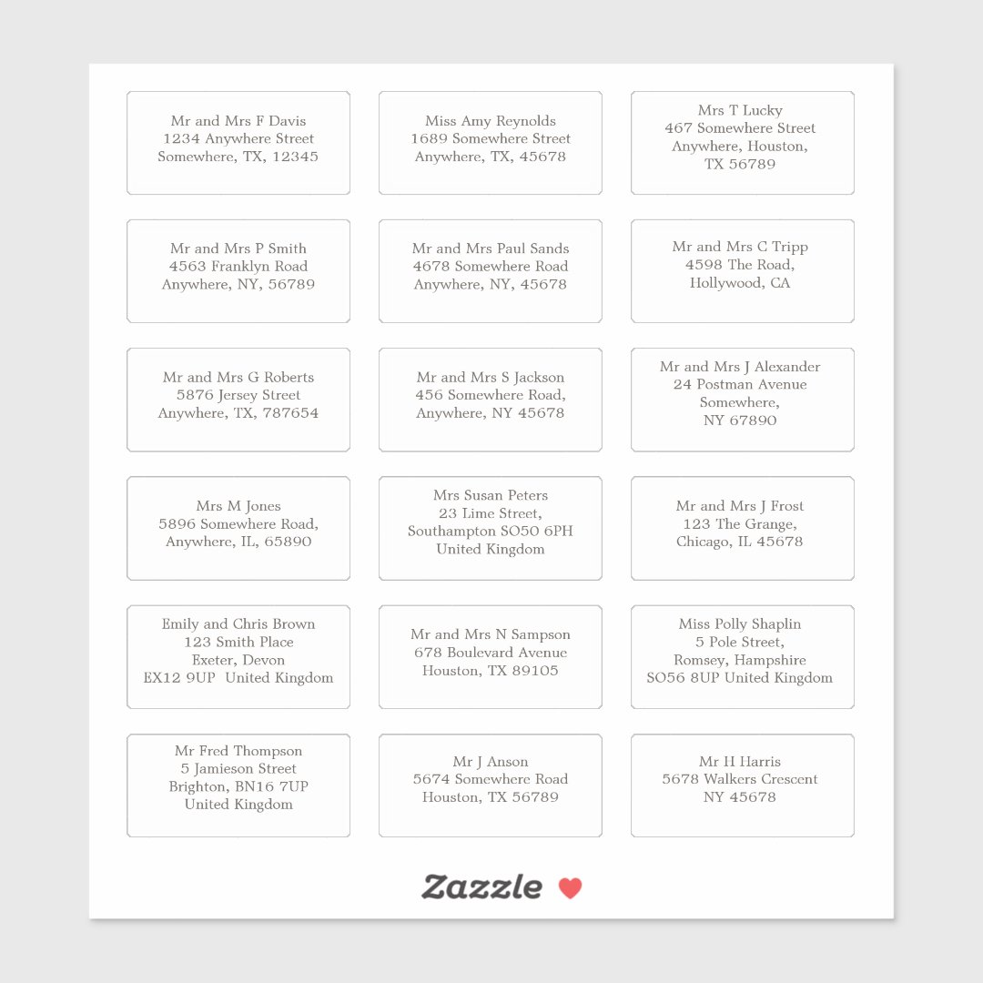 18 Individual Wedding Guest Name Addresses Sticker | Zazzle
