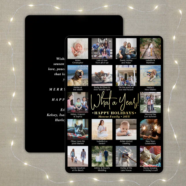 18 Photo Collage & Captions Black What a Year! Foil Holiday Card | Zazzle