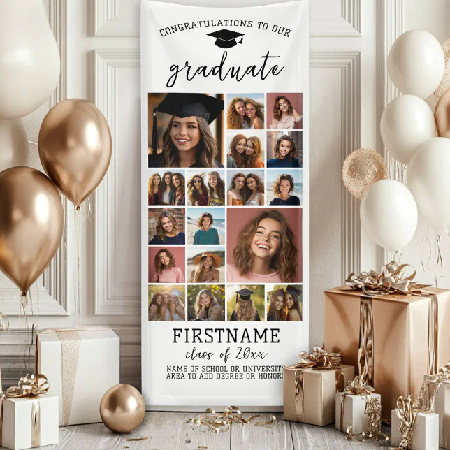 18 Photo Collage Graduation Modern Minimal White Banner | Zazzle