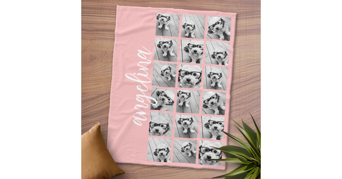 18 Photo Collage Script Text Pastel Peach Fleece Blanket | Zazzle