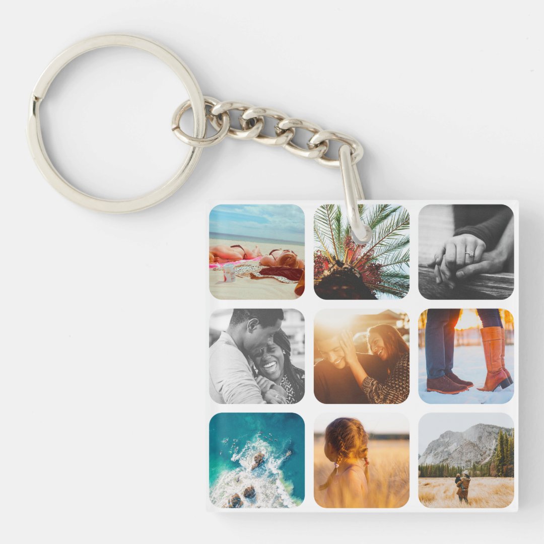 18 Photo Template Double Sided Grid Rounded White Keychain | Zazzle