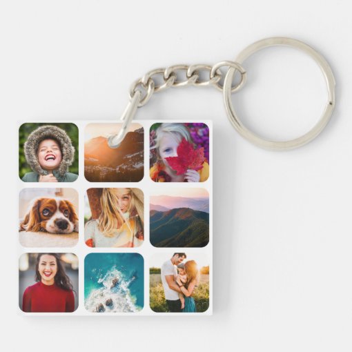 18 Photo Template Double Sided Grid Rounded White Keychain | Zazzle