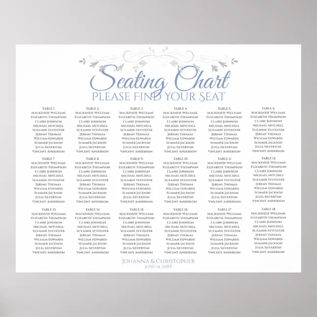 18 Table Blue & White Simple Wedding Seating Chart | Zazzle