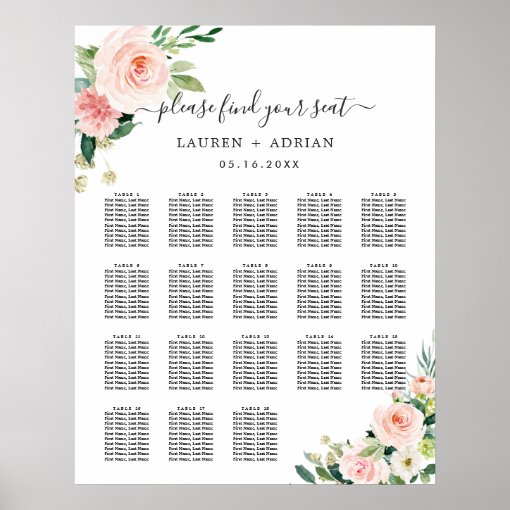 18 Table Blush Pink Bloom Wedding Seating Chart | Zazzle