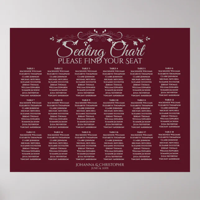 18 Table Elegant Burgundy Wedding Seating Chart | Zazzle