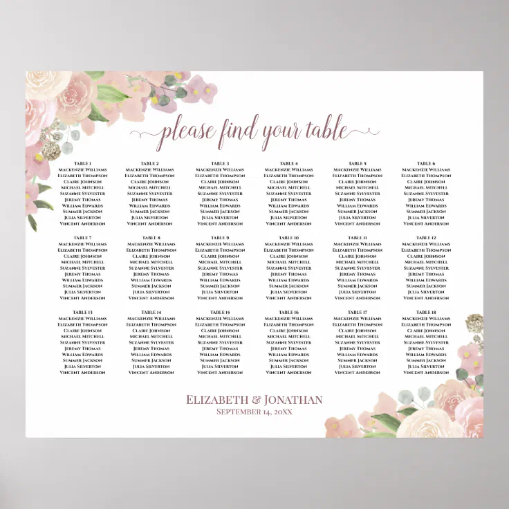 18 Table Elegant Pink Floral Wedding Seating Chart | Zazzle