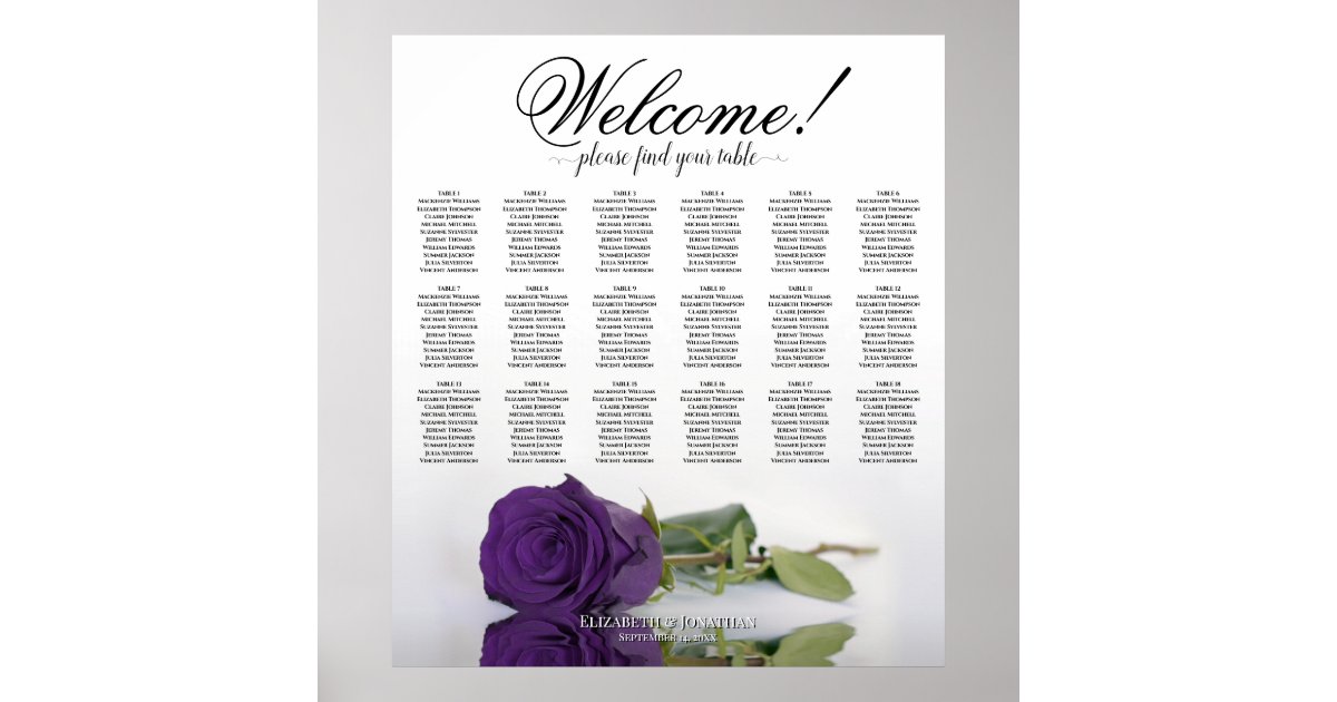 18 Table Elegant Royal Purple Rose Seating Chart | Zazzle