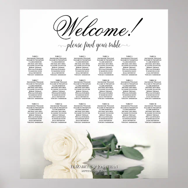 18 Table Elegant White Rose Wedding Seating Chart | Zazzle
