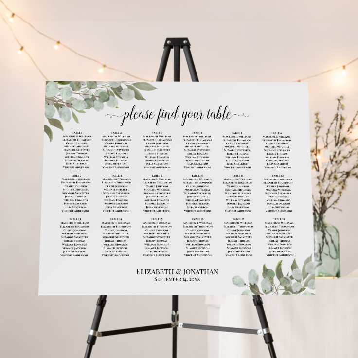 18 Table Eucalyptus Leaves Wedding Seating Chart Foam Board | Zazzle