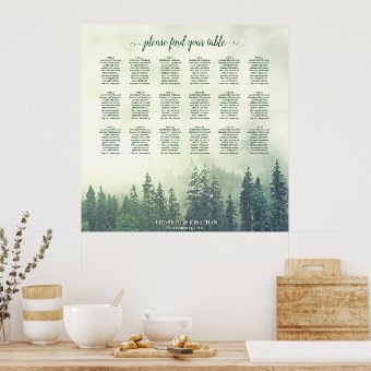 18 Table Foggy Green Pines Wedding Seating Chart | Zazzle