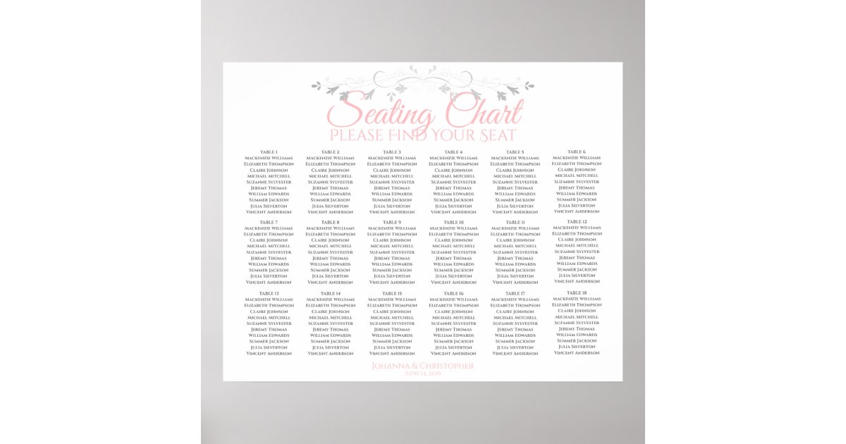 18 Table Pink & Gray Wedding Seating Chart | Zazzle