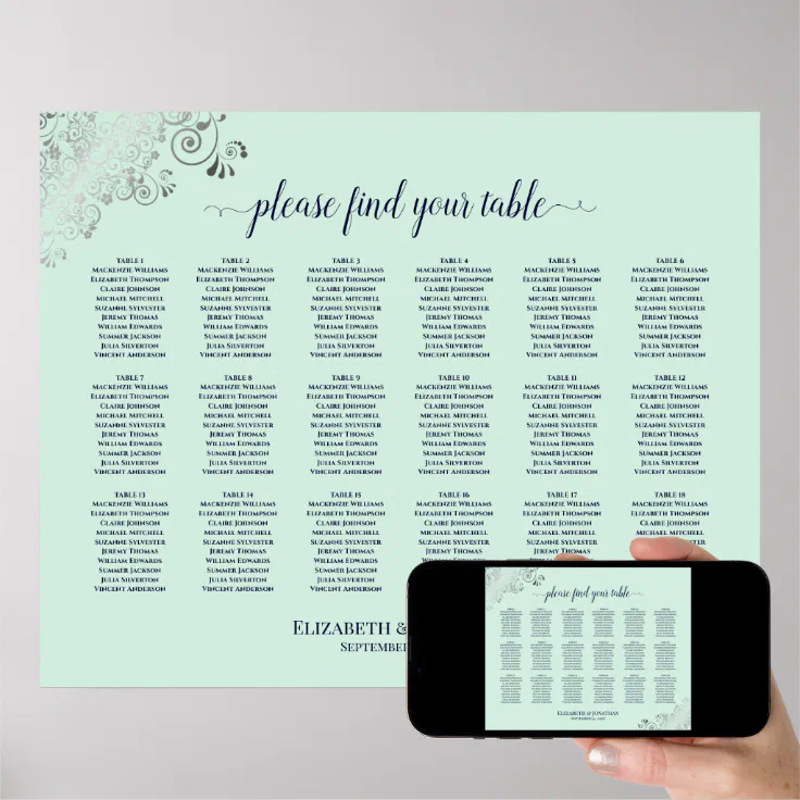 18 Table Wedding Seating Chart Mint Green & Navy | Zazzle