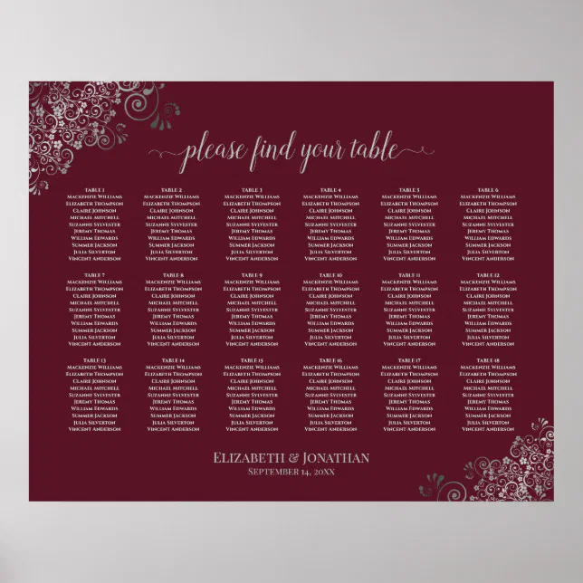 18 Table Wedding Seating Chart Silver on Burgundy | Zazzle