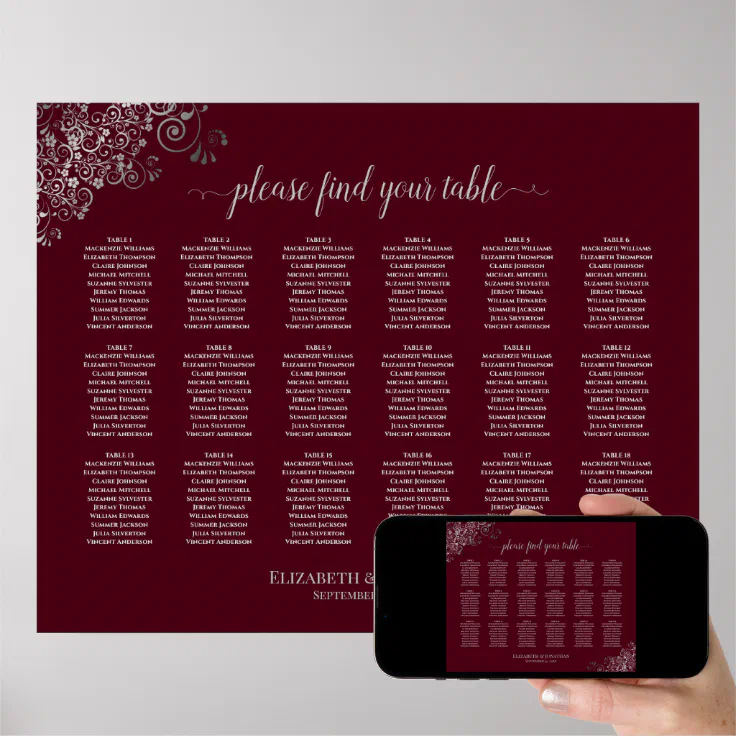 18 Table Wedding Seating Chart Silver on Burgundy | Zazzle