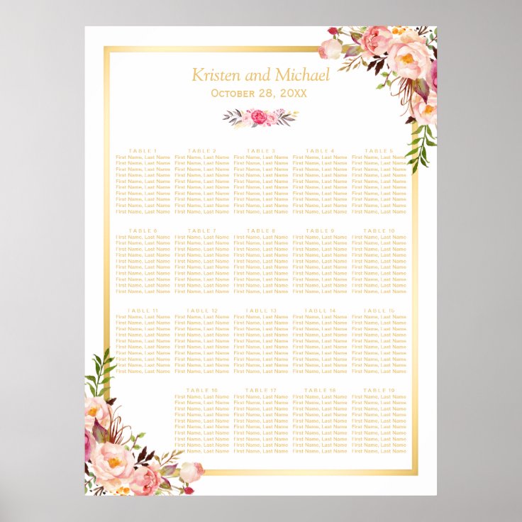 18+ Tables Wedding Seating Chart Floral Gold Frame | Zazzle