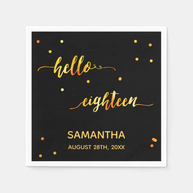18th birthday black gold hello 18 typography name napkins | Zazzle