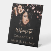 18th Birthday black rose gold photo star welcome Pedestal Sign | Zazzle