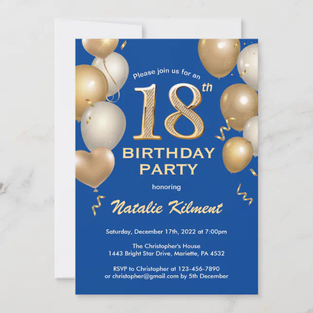 18th Birthday Blue and Gold Glitter Balloons Invitation | Zazzle