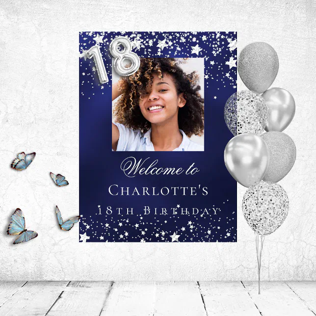 18th birthday blue silver stars photo welcome poster | Zazzle