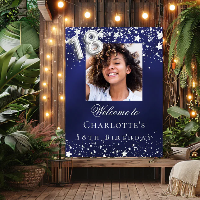 18th birthday blue silver stars photo welcome poster | Zazzle