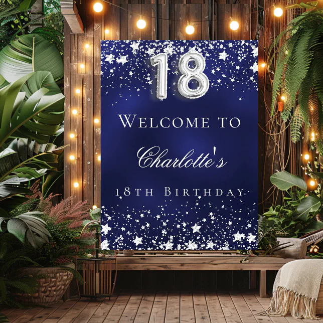 18th birthday blue silver stars welcome party poster | Zazzle