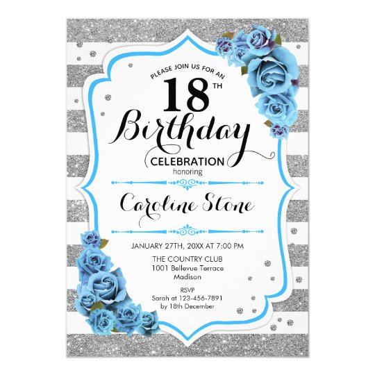 18th Birthday - Blue Silver White Stripes Invitation | Zazzle.com