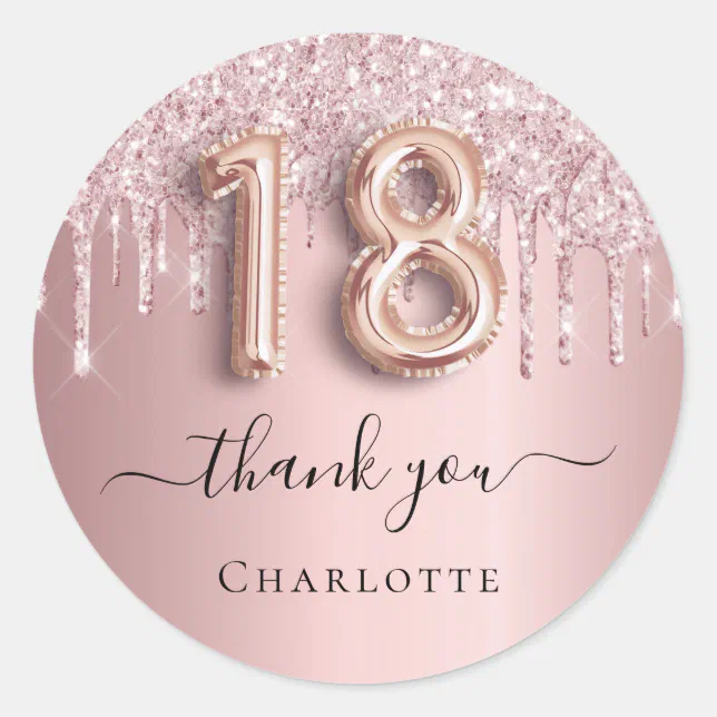 18th birthday blush pink glitter name thank you classic round sticker ...