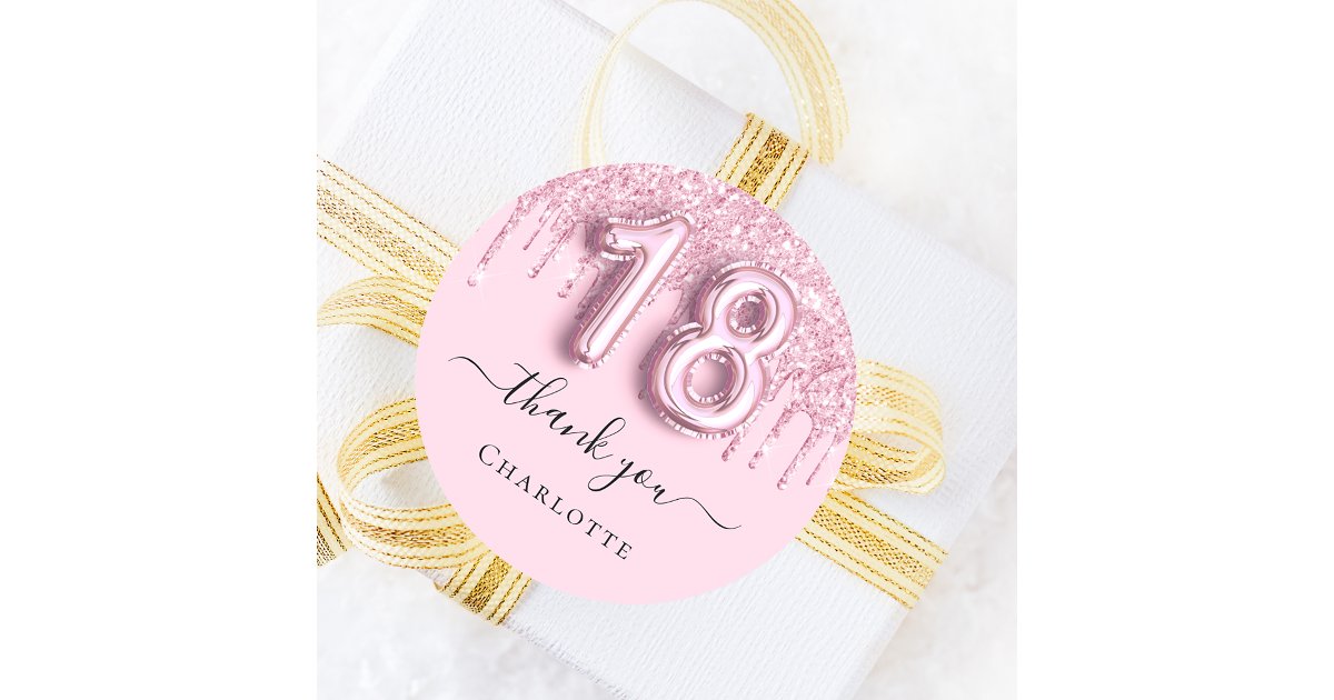 18th birthday blush pink glitter name thank you classic round sticker ...