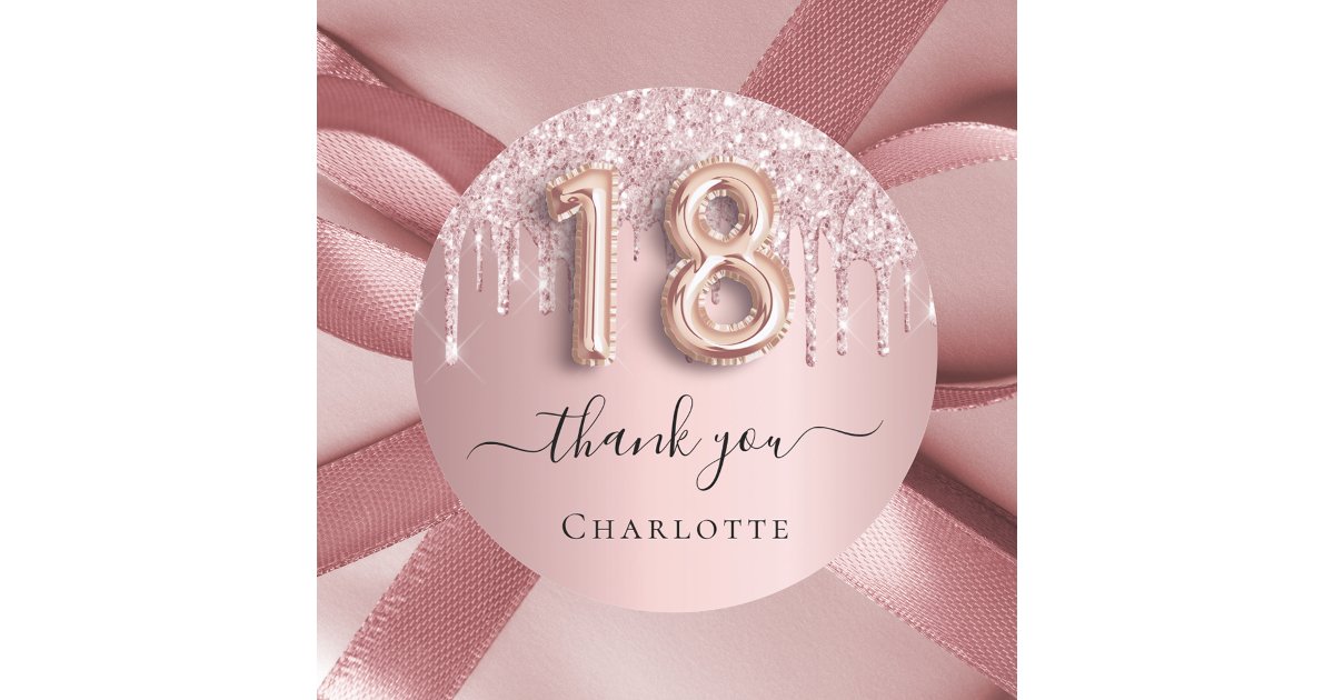 18th birthday blush pink glitter name thank you classic round sticker ...