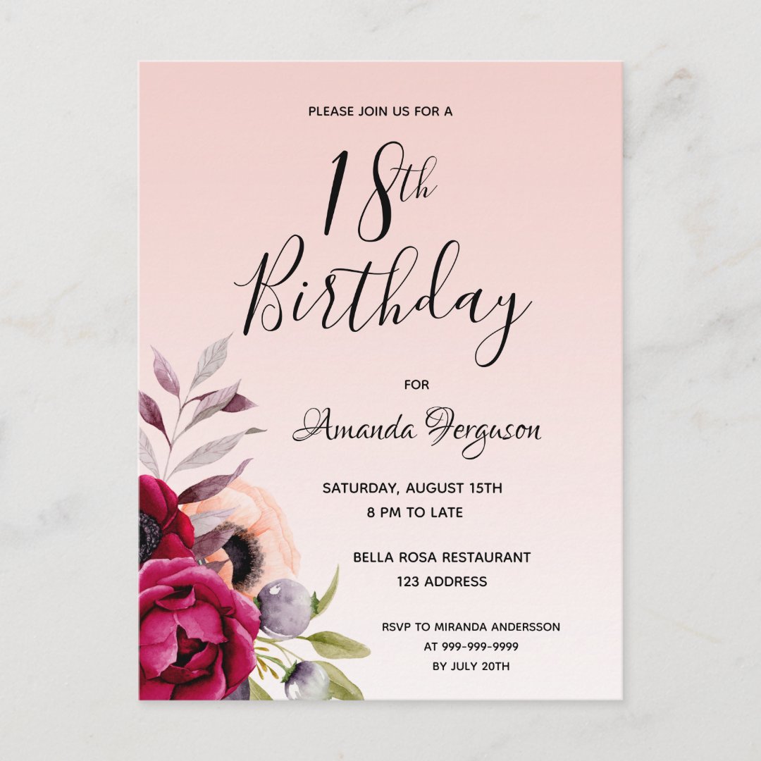18th birthday burgundy rose gold floral invitation postcard | Zazzle