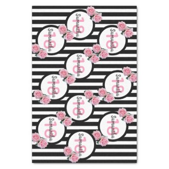 18th birthday chic pink roses black white stripes tissue paper | Zazzle