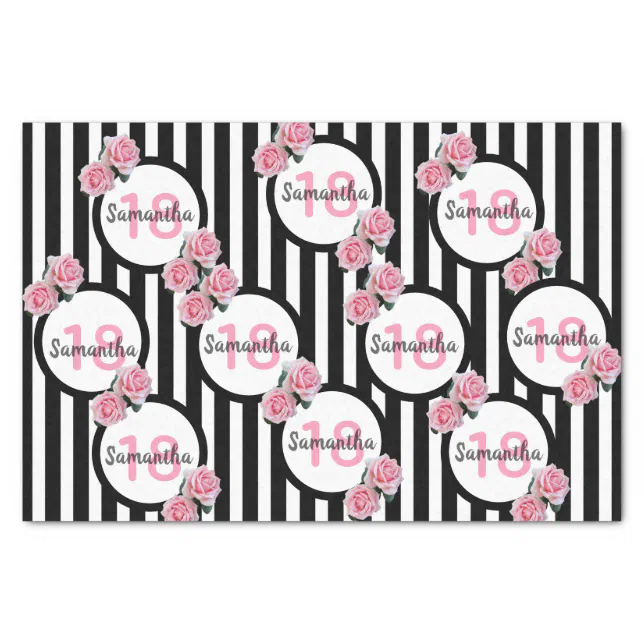 18th birthday chic pink roses black white stripes tissue paper | Zazzle