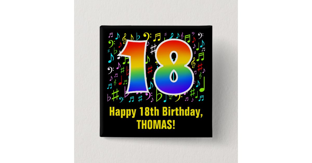 18th Birthday: Colorful Music Symbols, Rainbow 18 Button | Zazzle