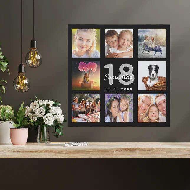 18th birthday custom photo collage black monogram faux canvas print ...