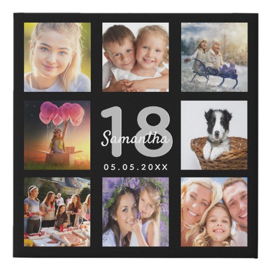18th birthday custom photo collage black monogram faux canvas print ...