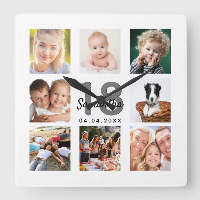 18th birthday custom photo collage girl milestone square wall clock ...