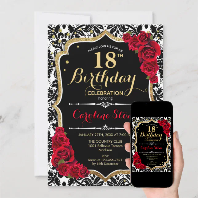 18th Birthday - Damask Black Gold Red Roses Invitation | Zazzle