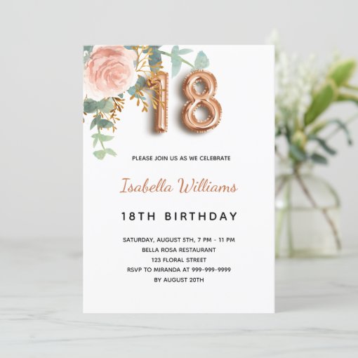 18th birthday floral rose gold eucalyptus greenery invitation | Zazzle