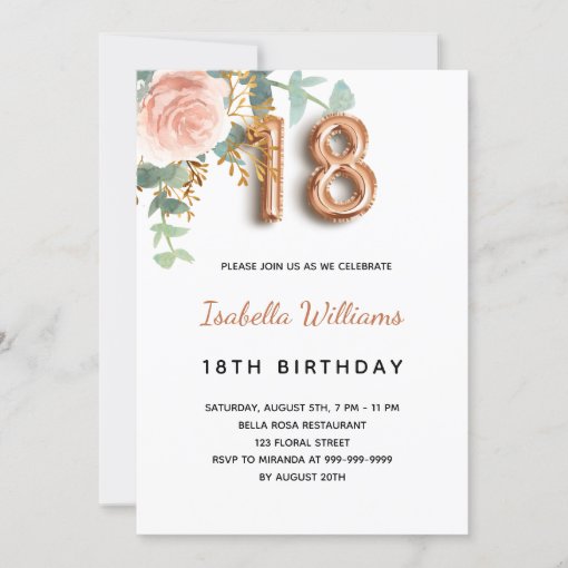 18th birthday floral rose gold eucalyptus greenery invitation | Zazzle