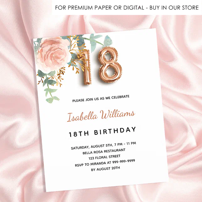 18th birthday floral rose gold eucalyptus greenery invitation postcard ...