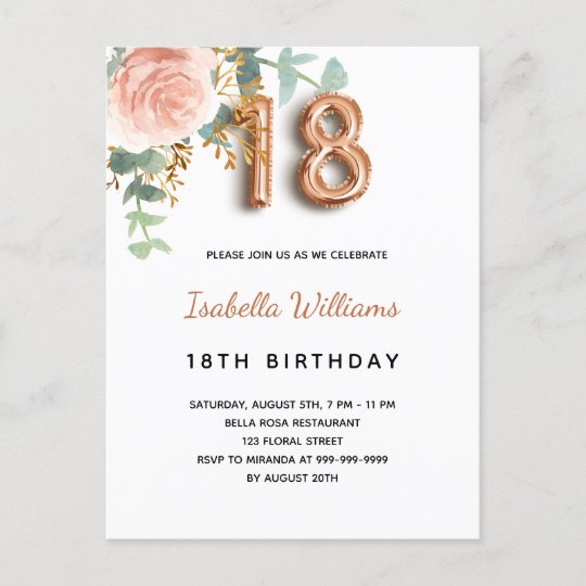 18th birthday floral rose gold eucalyptus greenery invitation postcard ...