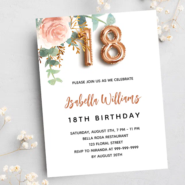 18th birthday floral rose gold eucalyptus luxury invitation | Zazzle